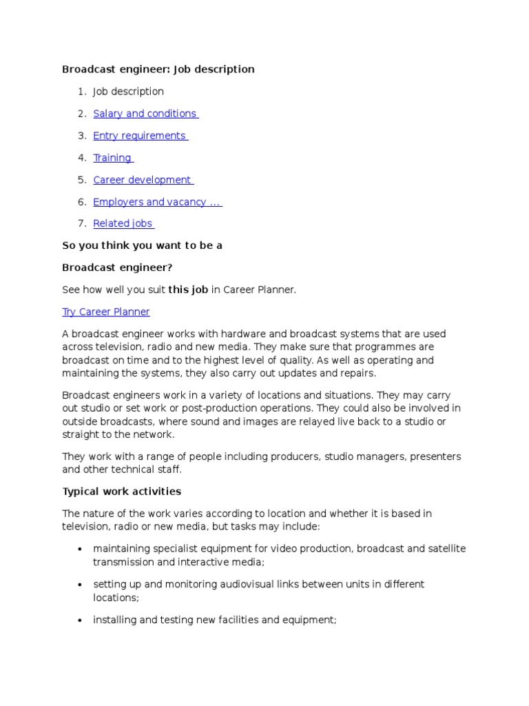 Broadcast Engineer Job Overview and Salary | PDF