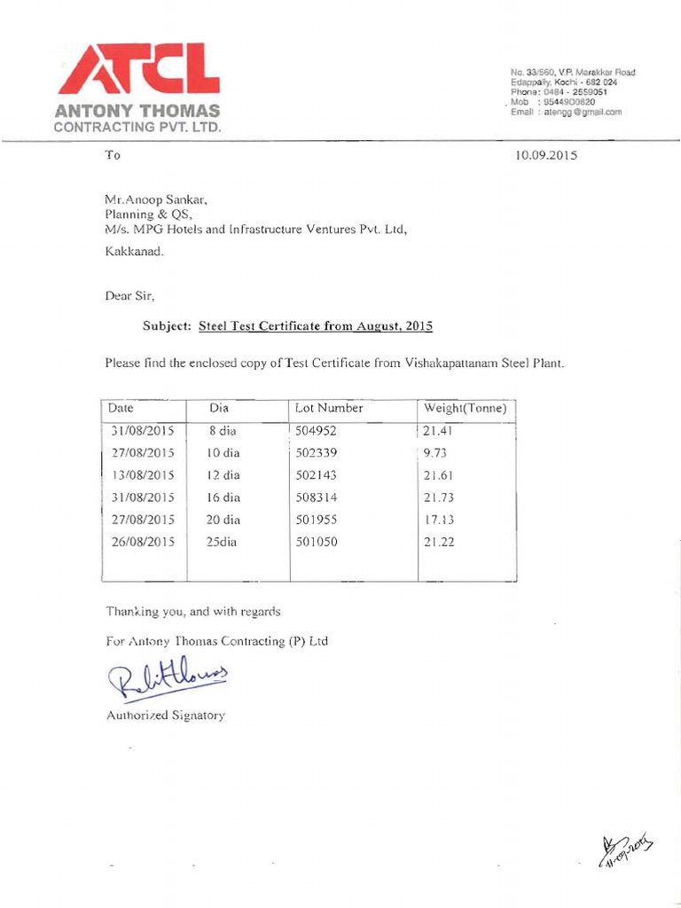ATCL - Steel Test Certificates | PDF