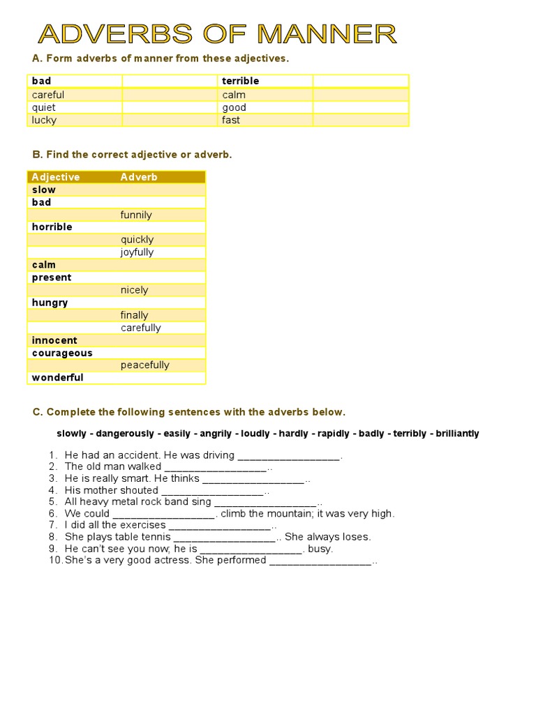 Bad Terrible: A. Form Adverbs of Manner From These Adjectives | PDF ...
