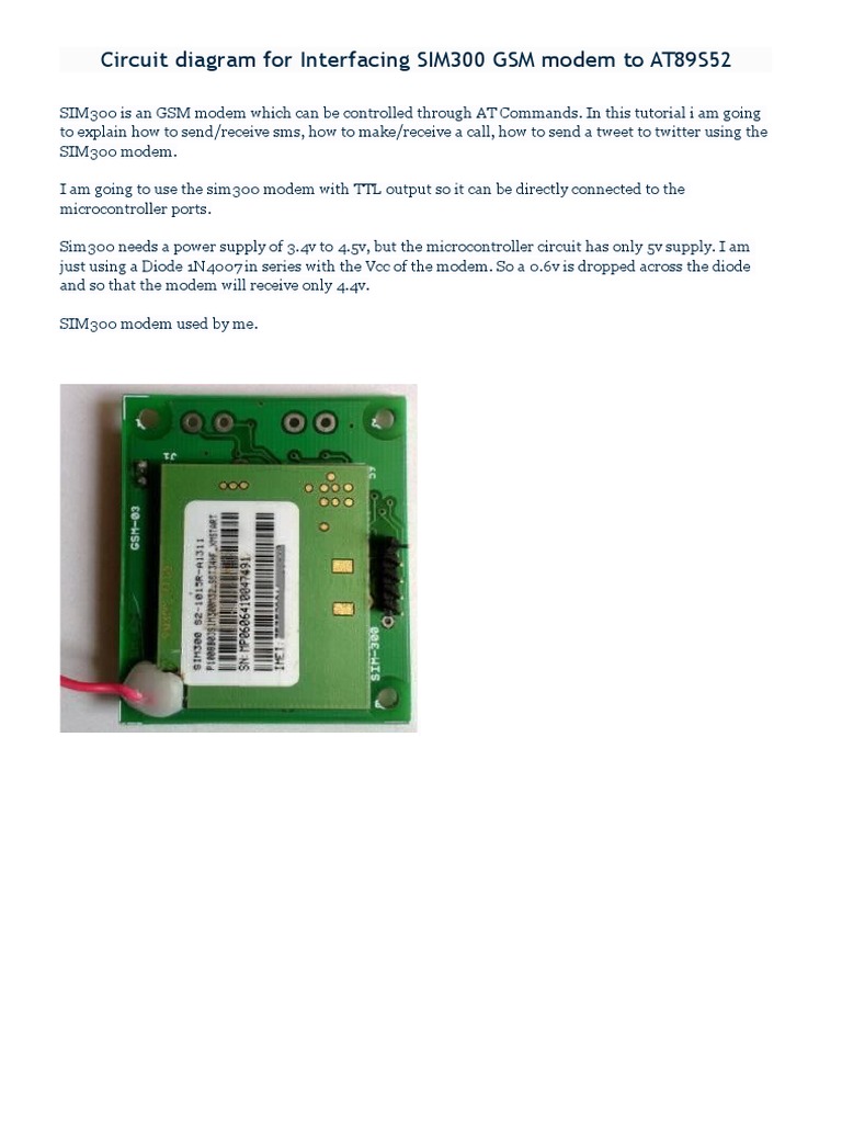 Circuit Diagram For Interfacing SIM300 GSM Modem To AT89S52 | PDF ...