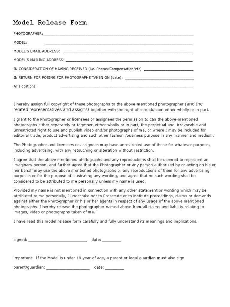 Model Release Form: and The Related Representatives and Assigns) | PDF ...