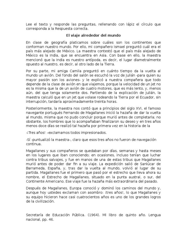 Comprension Lectora El Viaje Alrededor Del Mundo | PDF