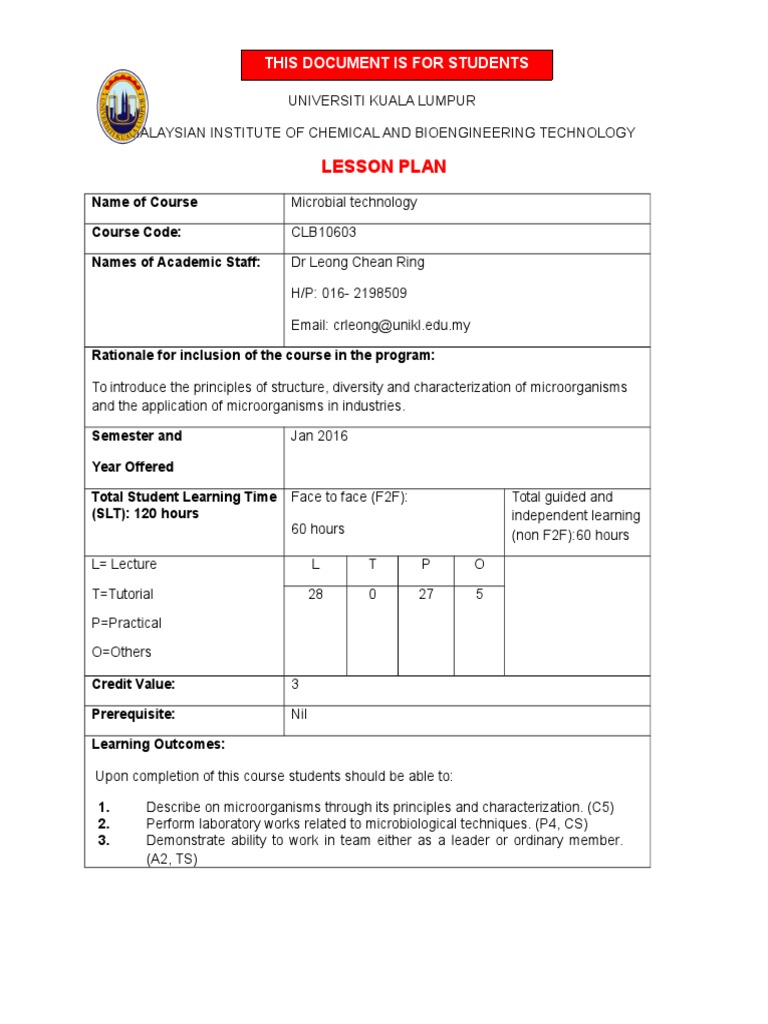 CLB 10603 Microbial Technology Lesson Plan Jan 2016 | PDF ...