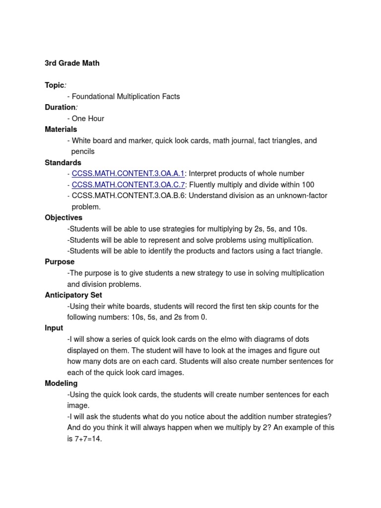 3rd Grade Math Topic: Duration: Materials: Ccss - Math.Content.3.Oa.A.1 ...