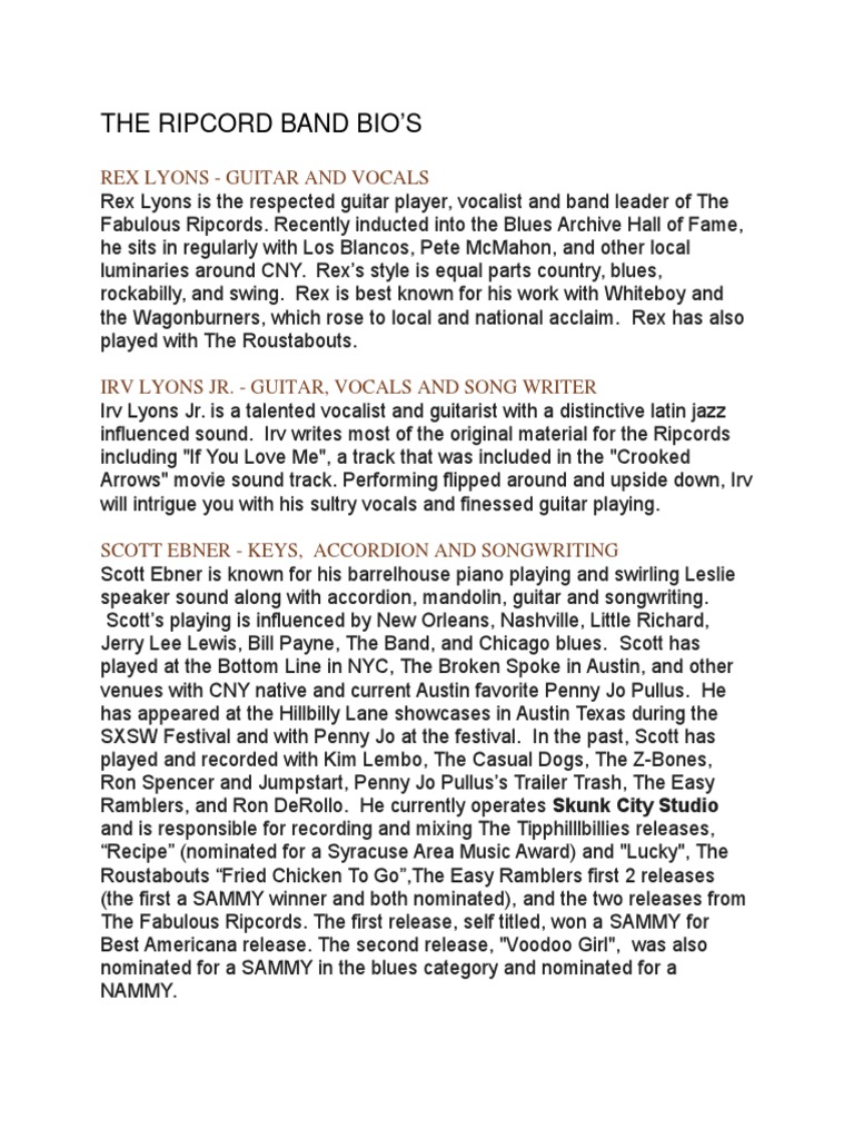 Ripcord Band Bios | PDF | Blues | American Music