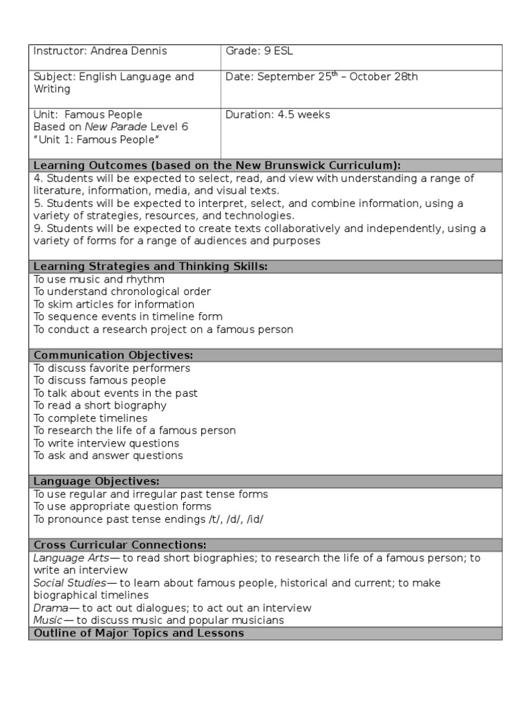 Unit Plan - Famous People | PDF | Biography | Curriculum