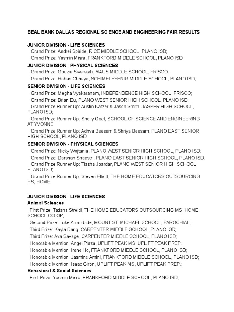2025 Dallas Science Fair Results | PDF | Science & Mathematics
