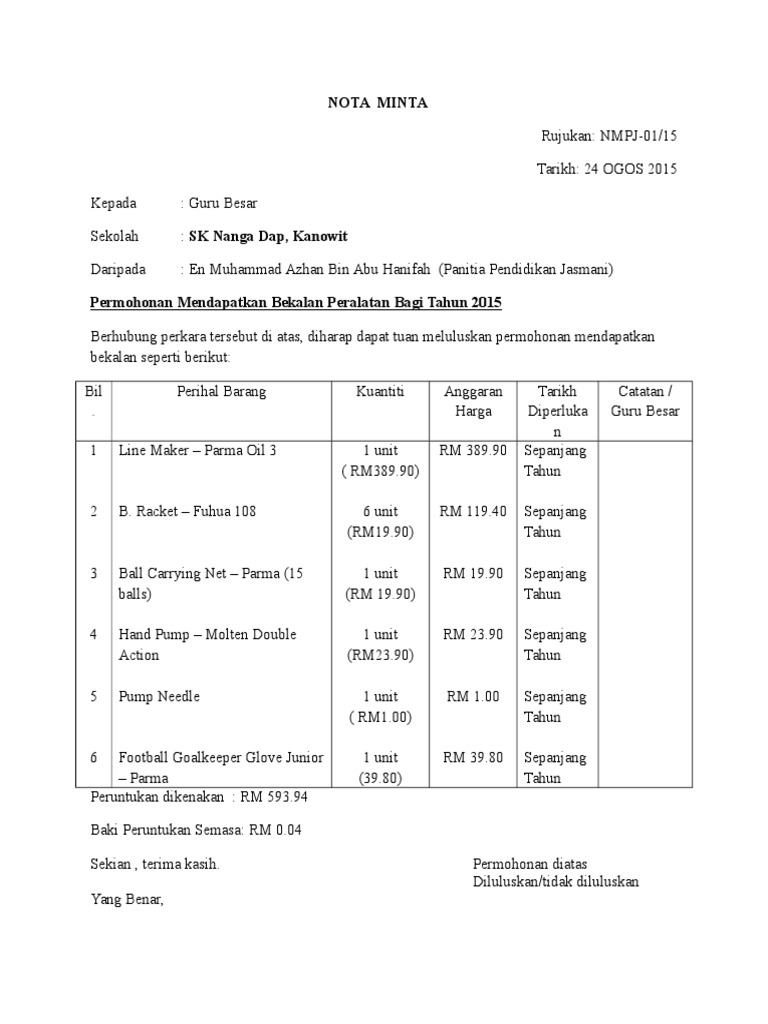 Nota Minta Bekalan Panitia PJ 2015 | PDF