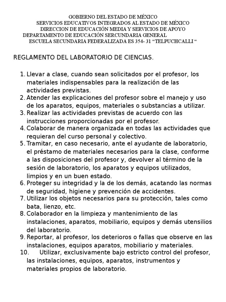 Reglamento Laboratorio de Ciencias | PDF | Salud y bienestar