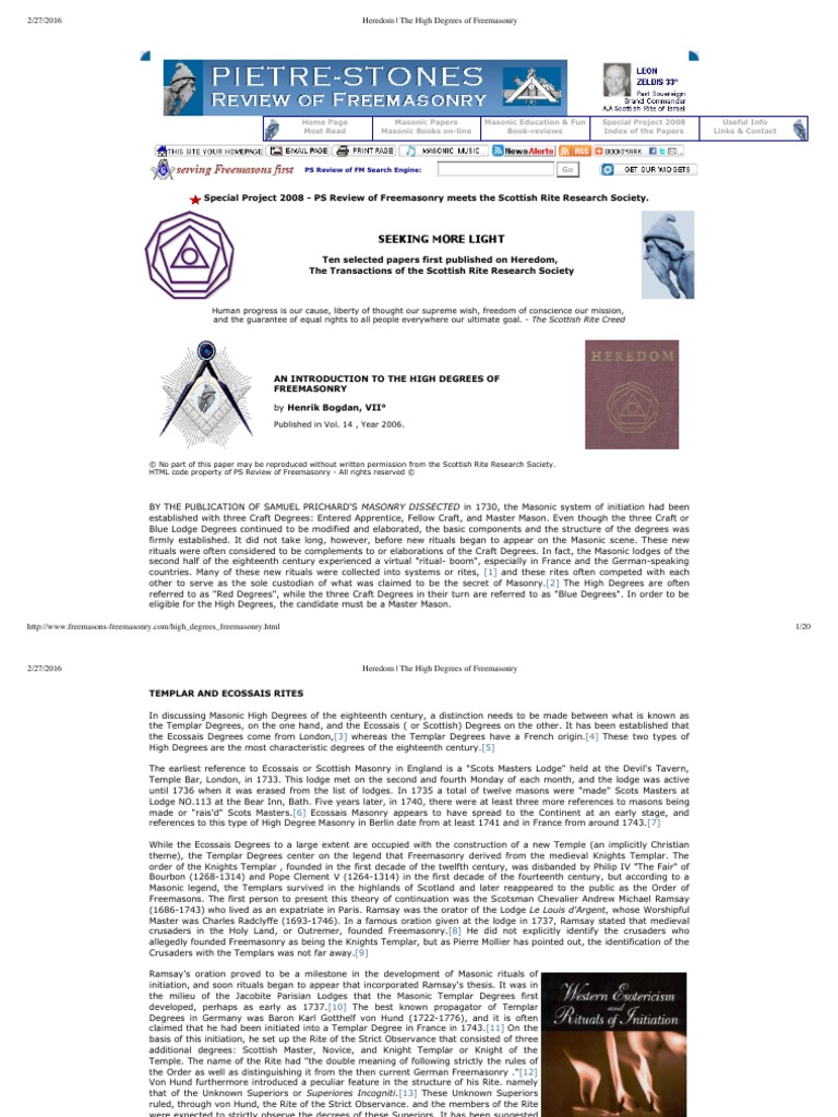 Heredom - The High Degrees of Freemasonry | PDF | Freemasonry ...