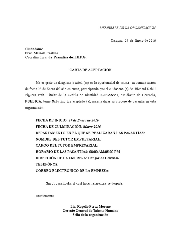 Carta de Aceptación para Imprimir | PDF