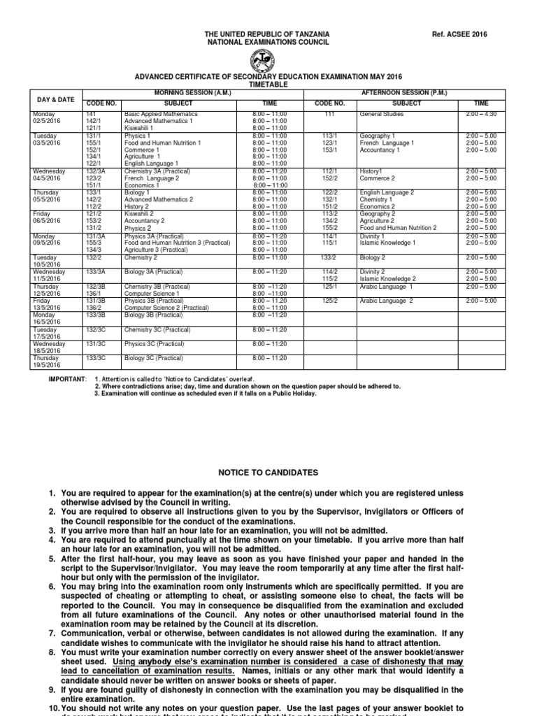 NECTA Form VI ACSEE 2016 Time Table | PDF | Test (Assessment) | Science
