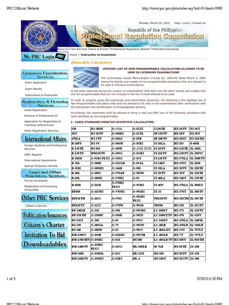 Allowable Calculators PRC | PDF | Licensure | Vocational Education