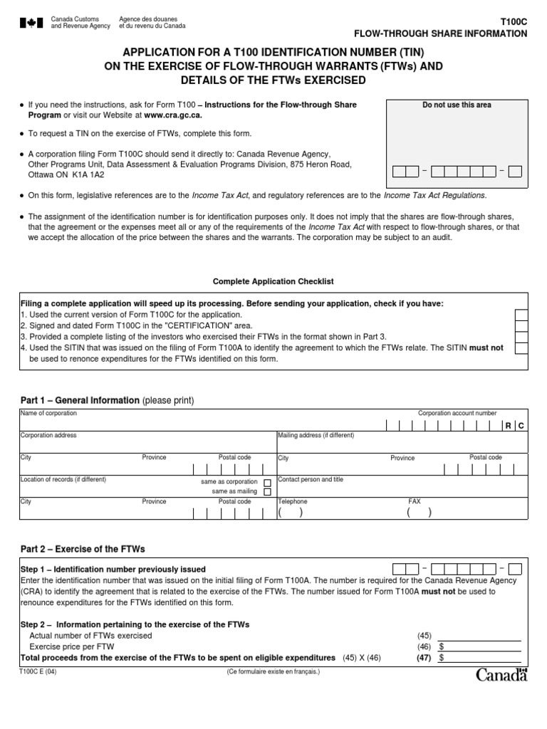 Application for a T100 Identification Number on the Exercise of Flow ...