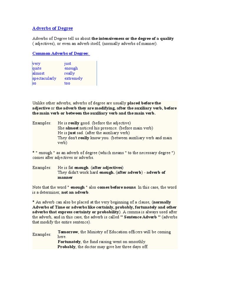 Adverbs of Degree vs. Manner Explained | PDF | Adverb | Verb
