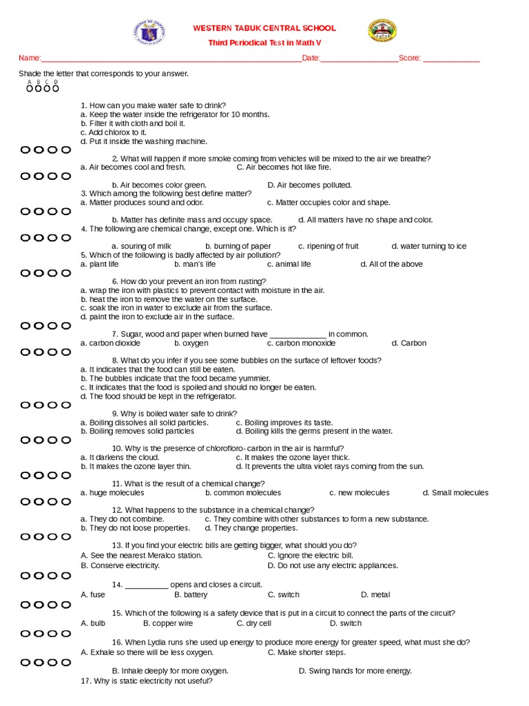 Third Grading Test Science V With TOS | PDF | Electricity | Electric ...