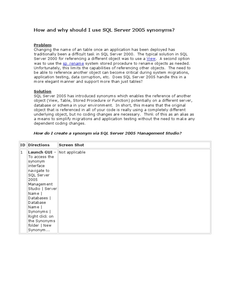 How and Why Should I Use SQL Server 2005 Synonyms | PDF | Microsoft Sql Server | Sql