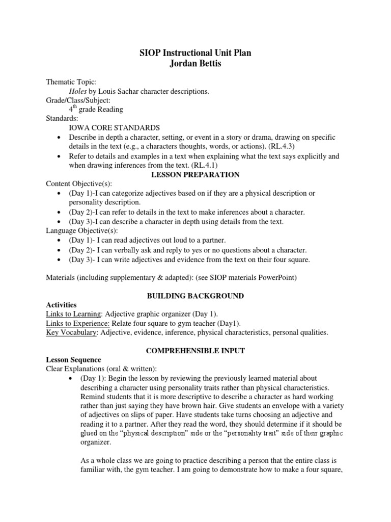 SIOP Instructional Unit Plan | PDF | Vocabulary | Physical Education