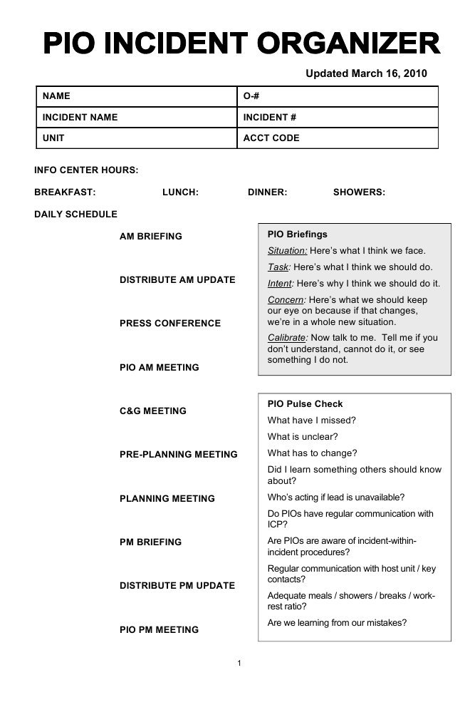 PIO INCIDENT ORGANIZER | Emergency | Incident Command System