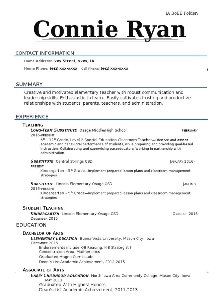Connie Resume 2016 Feb Reformatted | PDF | Classroom Management | Teachers