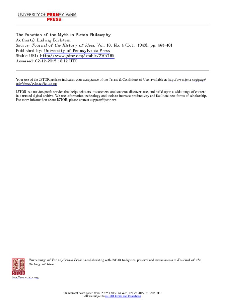 Ludwig Edelstein The Function of The Myths in Plato's Philosophy | PDF ...
