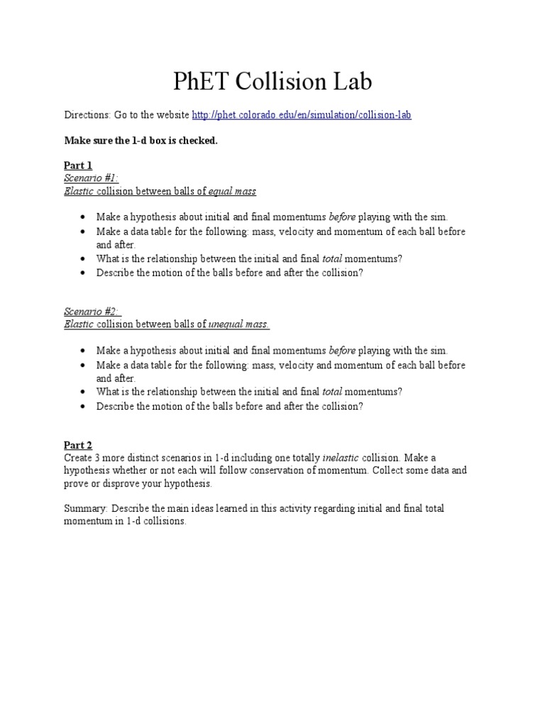PhET Collision Lab: 1D Momentum Study | PDF
