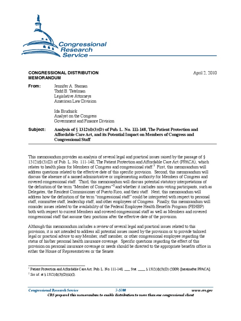 Congressional Research Memo - April 2, 2010 (The Patient Protection and ...