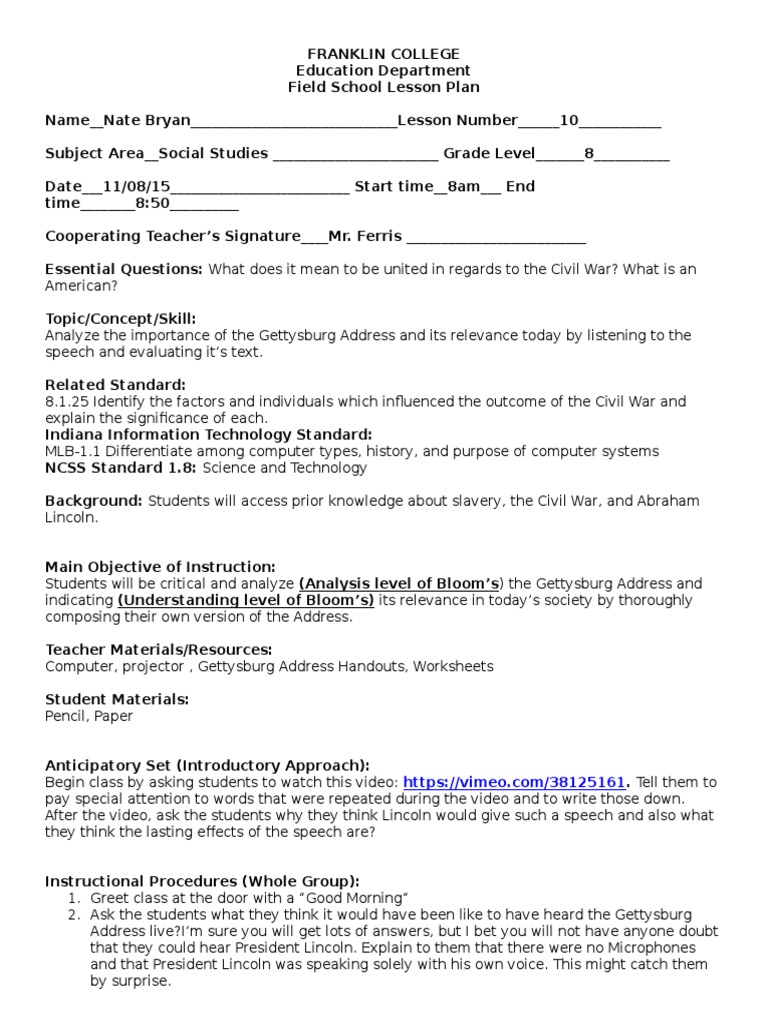 Gettysburg Address Lesson Plan | PDF | Lesson Plan | Cognitive Science