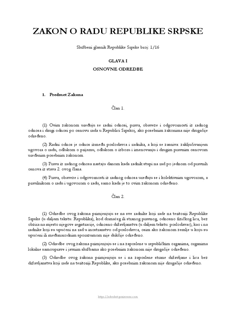 Zakon o Radu Republike Srpske 2016 | PDF