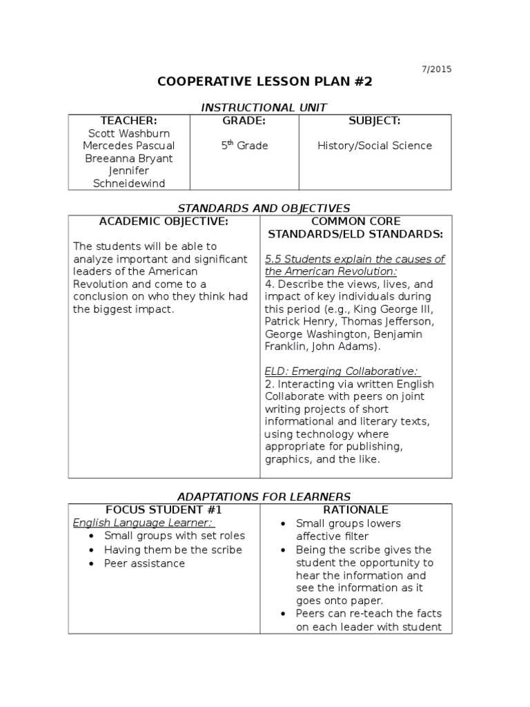 Cooperative Lesson Plan #2: Teacher: Grade: Subject | PDF | American ...