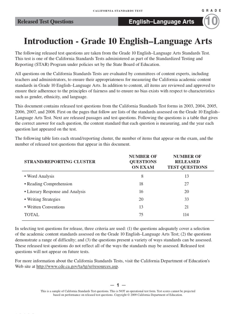 STAR English-LanguageArts Grade10 2009 | PDF | Reading Comprehension ...