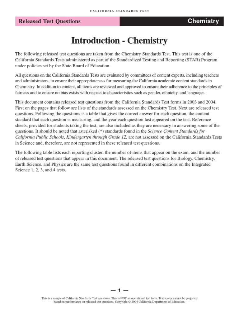 Introduction - Chemistry: Released Test Questions | PDF | Periodic ...