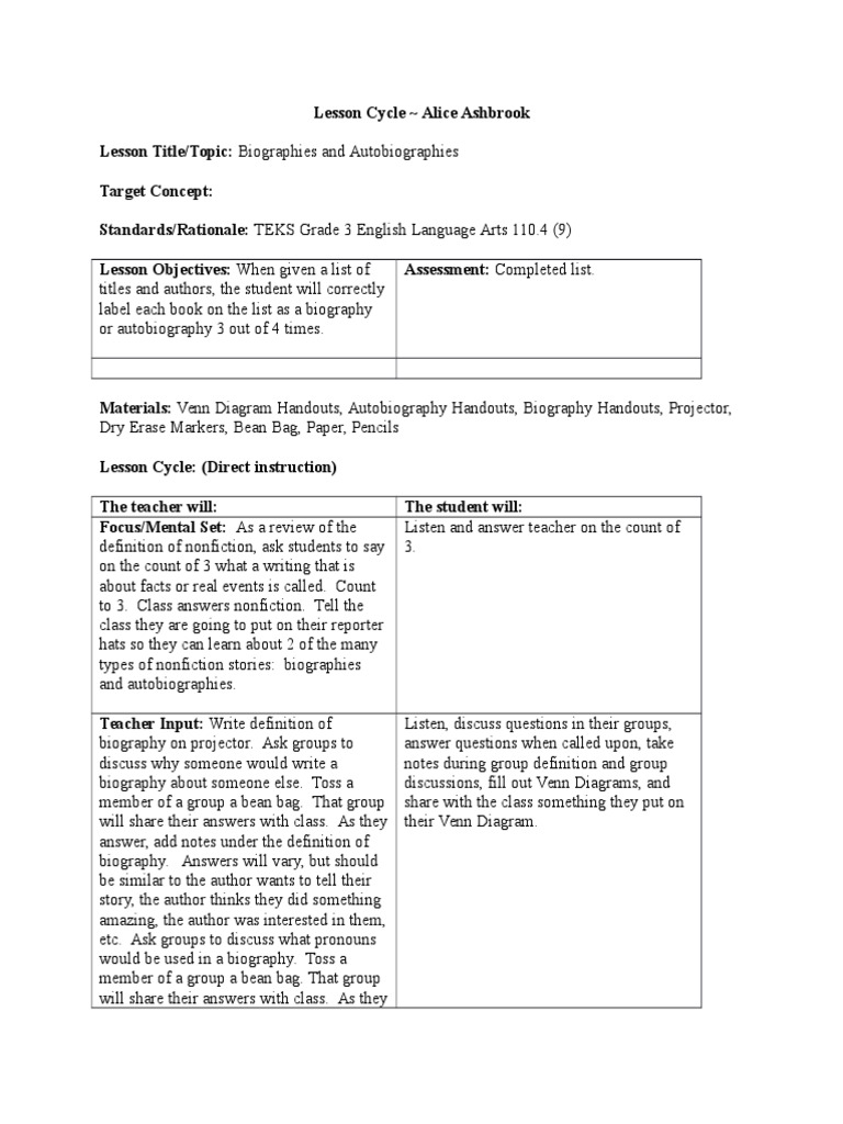 Biography and Autobiography Lesson Plan | PDF | Teaching | Pedagogy