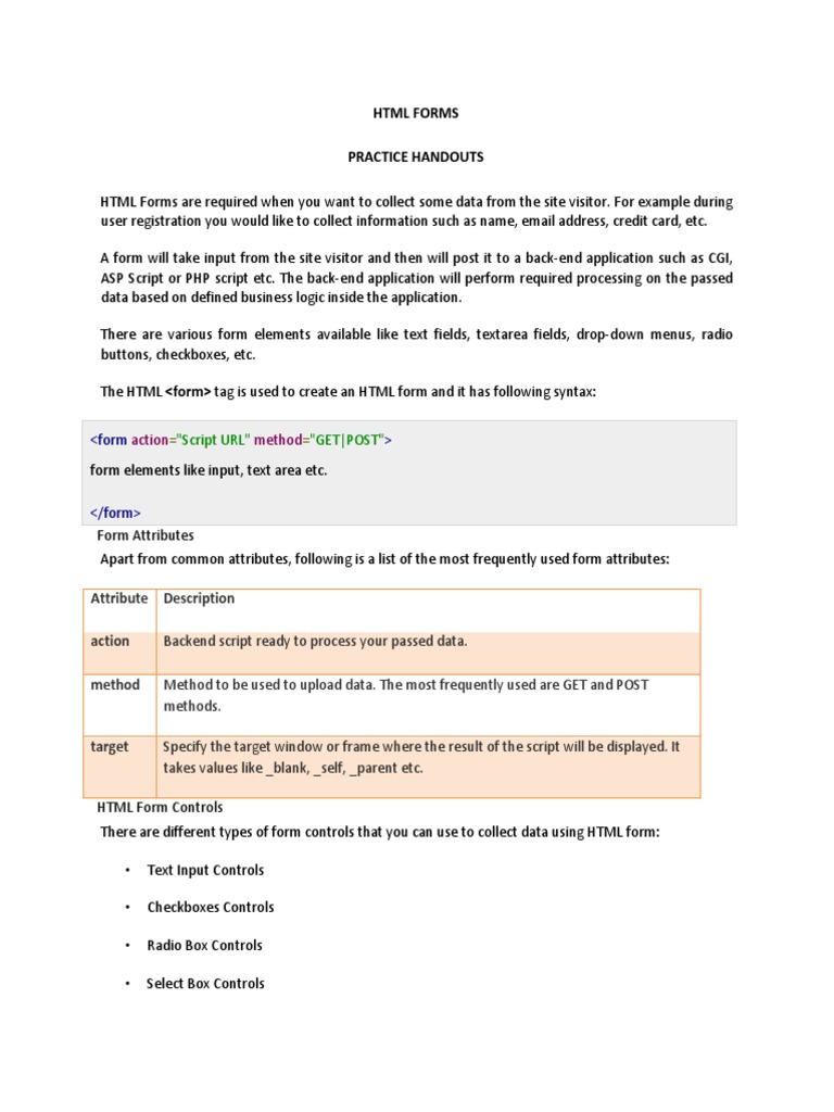 HTML Forms Practice Handouts: Action Method | PDF | Html Element | Html