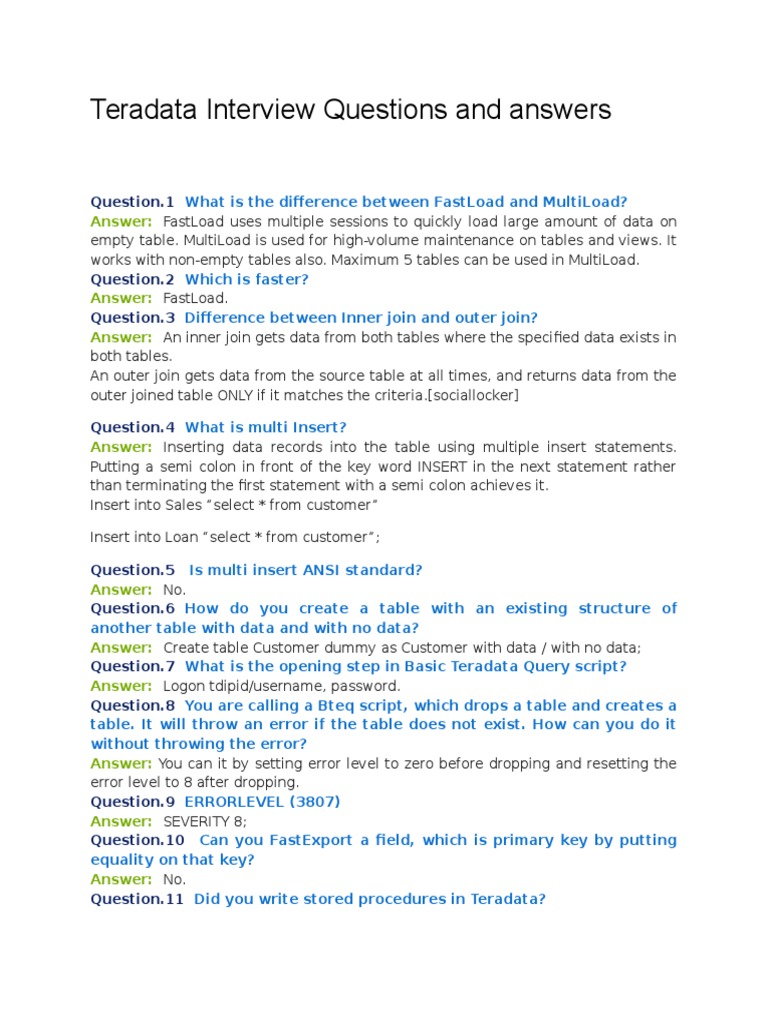 Teradata Interview Questions and Answers | PDF | Data Warehouse | Database Index
