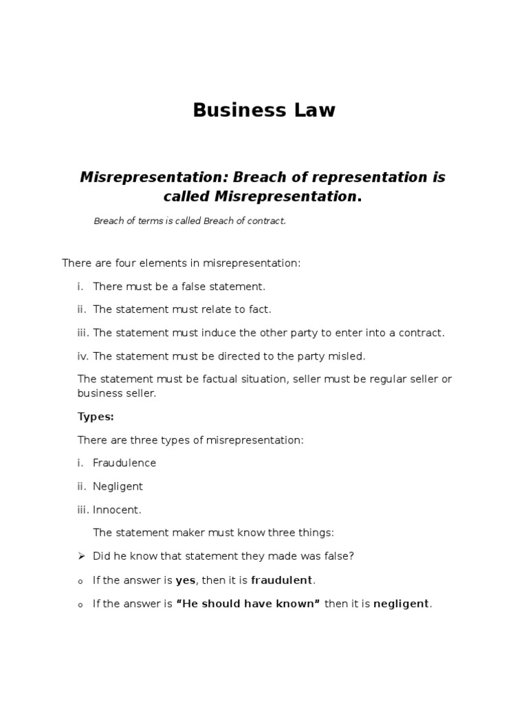Understanding Misrepresentation in Business Law | PDF