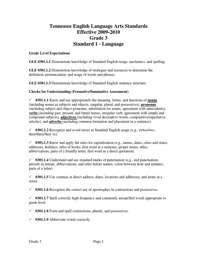 Tennessee English Language Arts Standards Effective 2009-2010 Grade 3 ...
