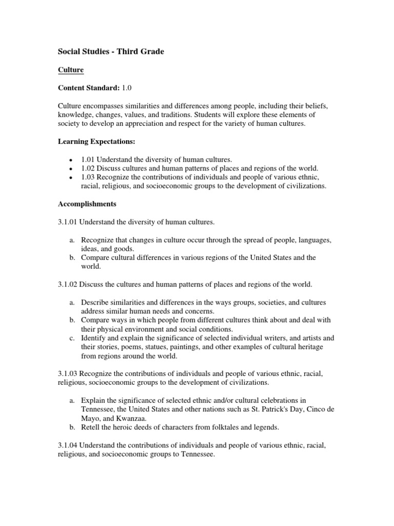 Social Studies - Third Grade: Culture Content Standard: 1.0 | PDF ...
