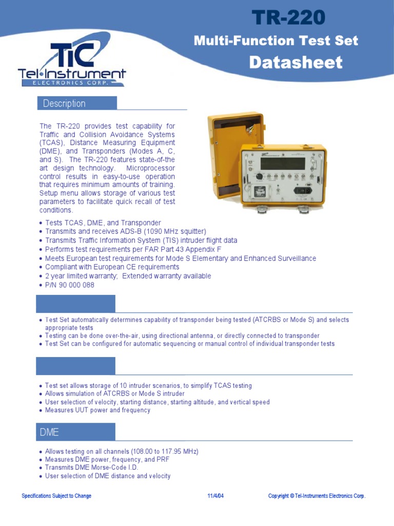 TIC Tel Instruments TR 220 Transponder TCAS DME ADS B Test Set AvionTEq ...