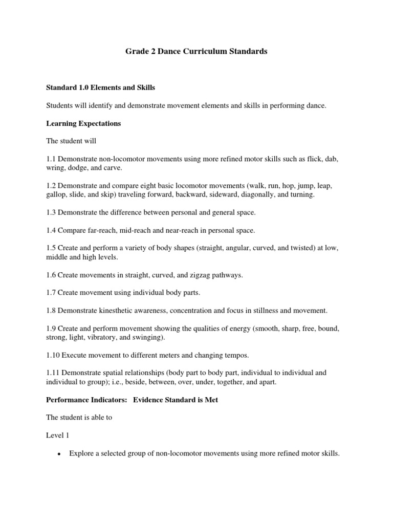 Grade 2 Dance Curriculum Standards: Standard 1.0 Elements and Skills ...