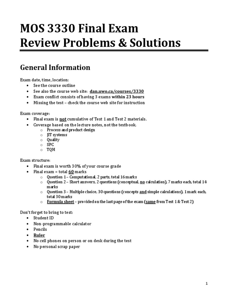 MOS 3330 Final Exam Review Problems & Solutions: General Information ...