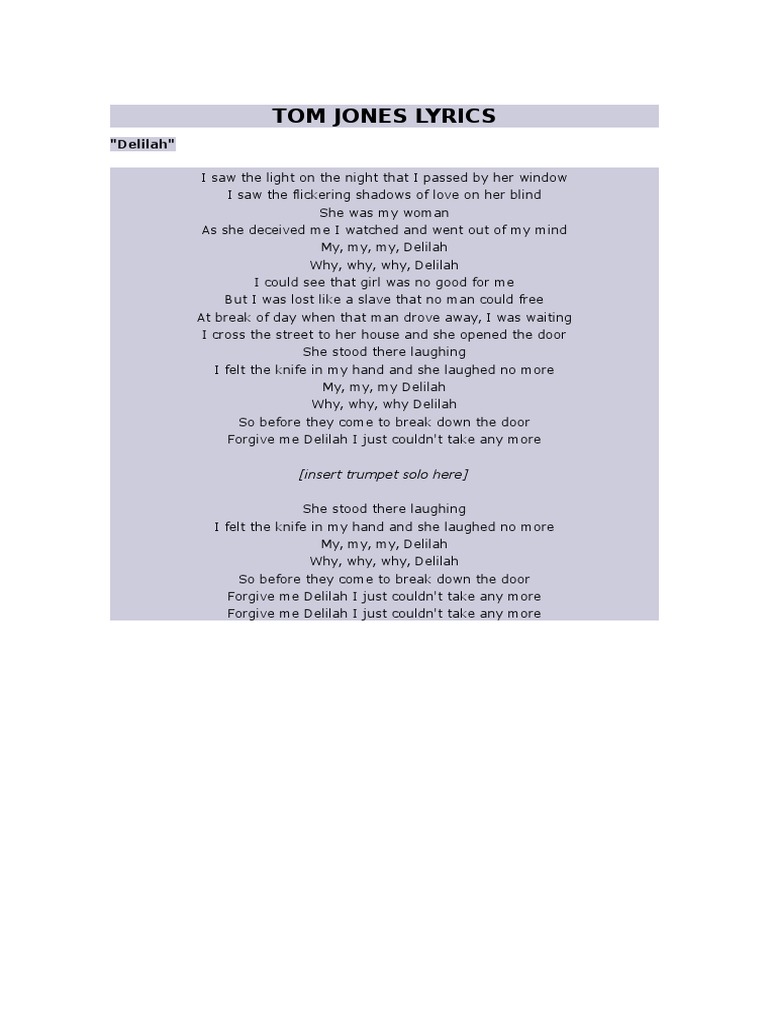 Delilah Lyrics by Tom Jones | PDF | Art | Poetry
