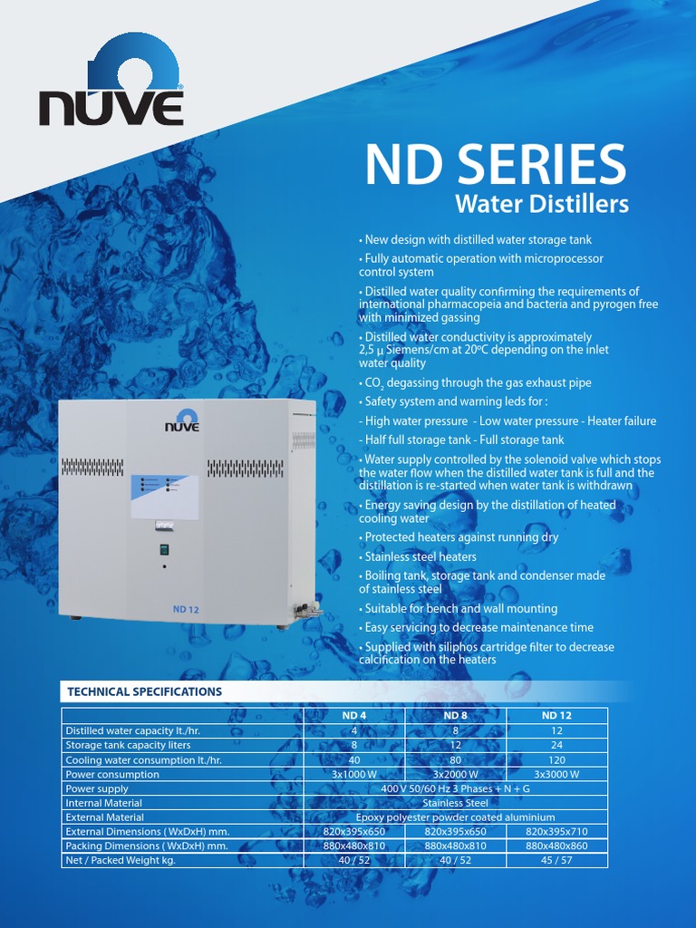 NUVE ND 4-8-12 - NS 103 Water Distiller Brochure | PDF | Distillation | Hvac