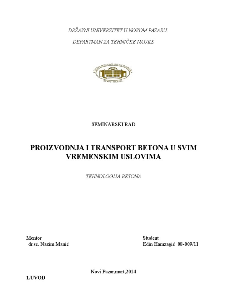 Hamzagi E. ,,proizvodnja I Transport Betona U Svim Vremenskim Uslovima | PDF