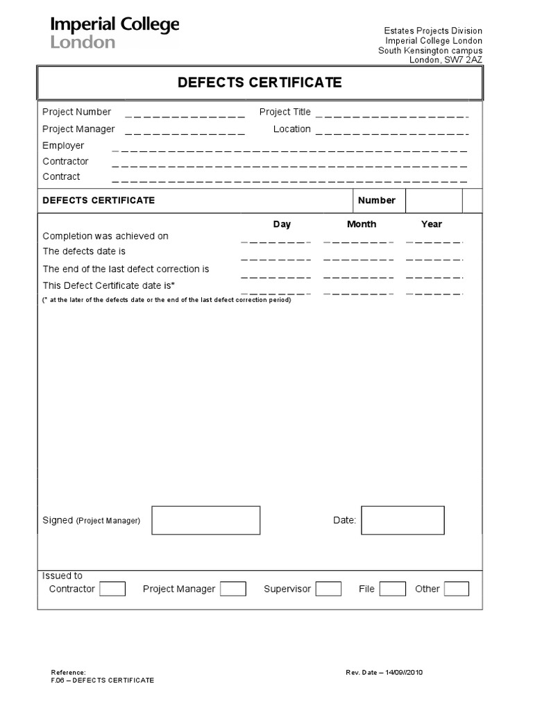 Defects Certificate Number Day Month Year | PDF