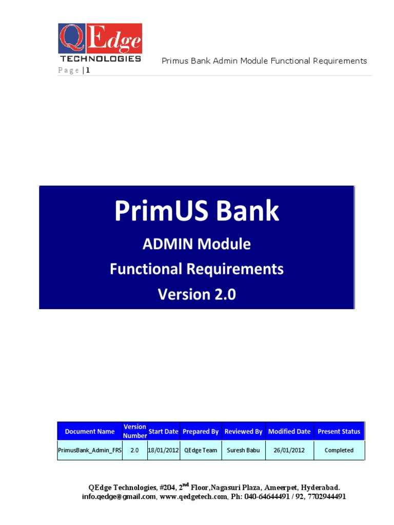 PrimusBank Admin FRS V 2.0 | PDF | Use Case | Login