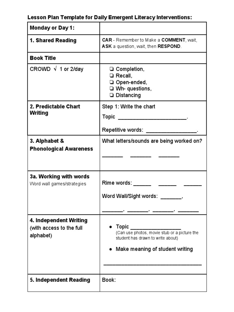 Lesson Plan Template For Daily Emergent Literacy Interventions: Monday ...