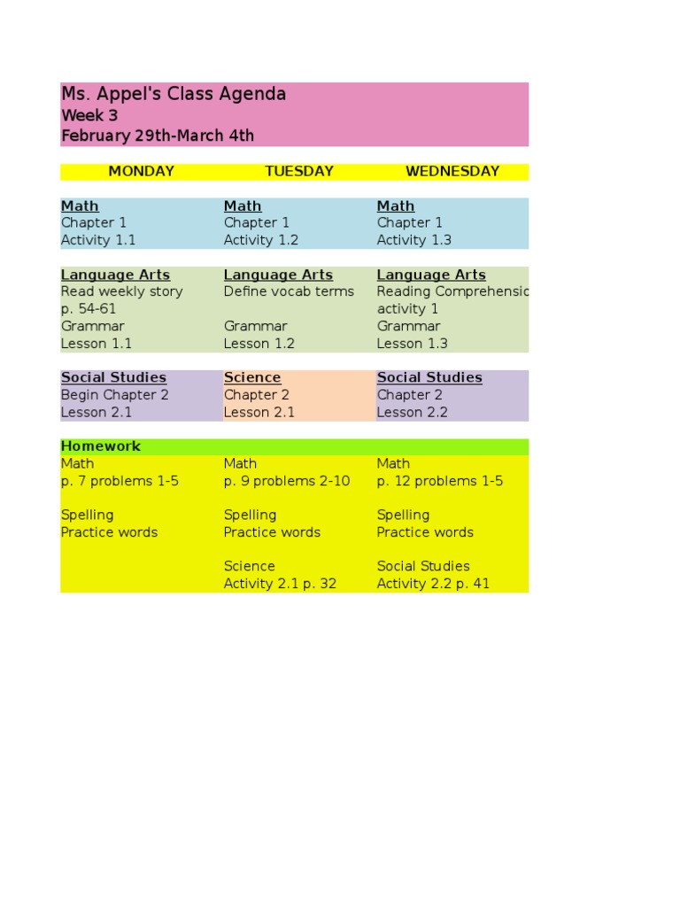 Week 3 Class Agenda: Math & Language Arts | PDF