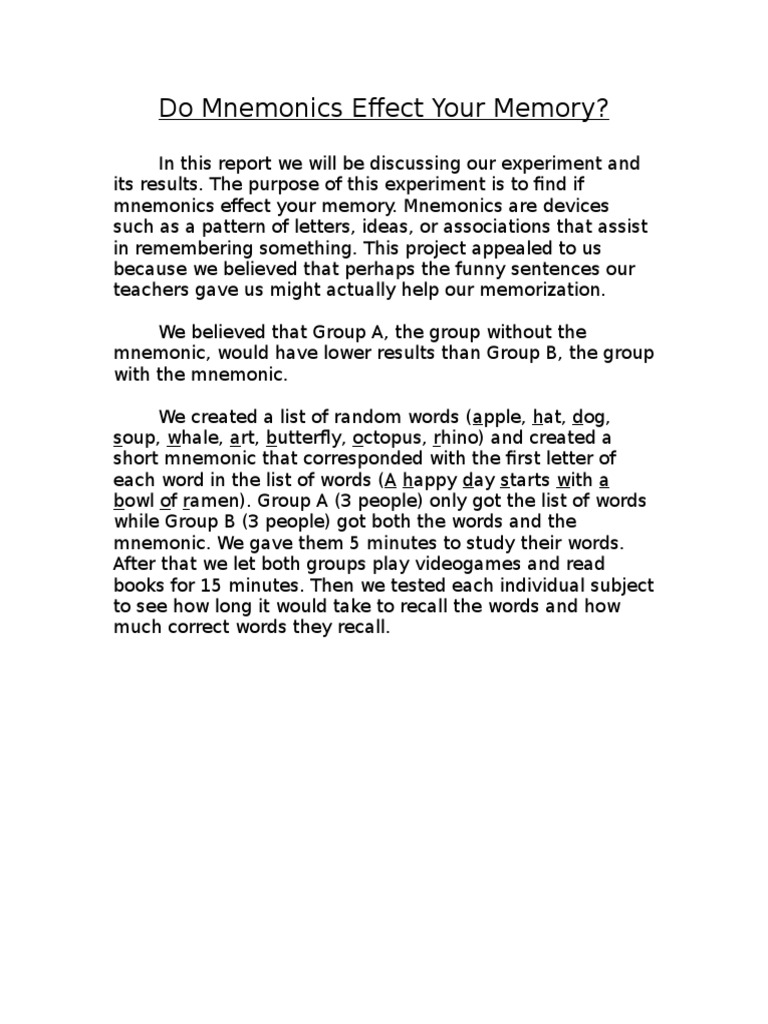 Mnemonics and Memory: Experiment Results | PDF