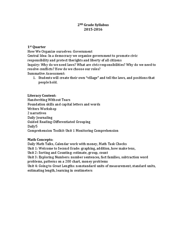 2nd Grade Syllabus - 2015-2016 | PDF | Reading Comprehension ...